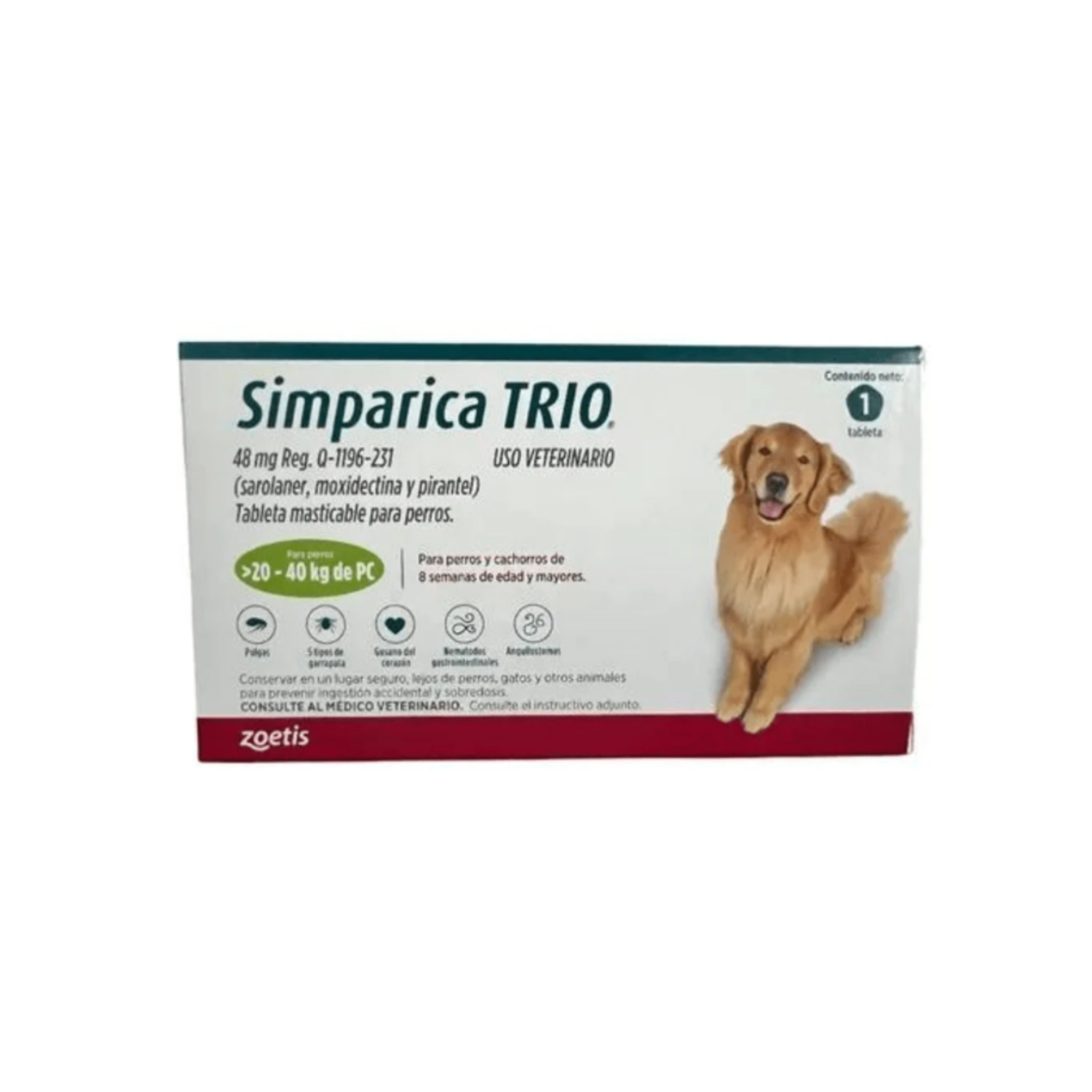 Simparica Trio 1 Masticable 48mg 20 a 40kg Para Perros