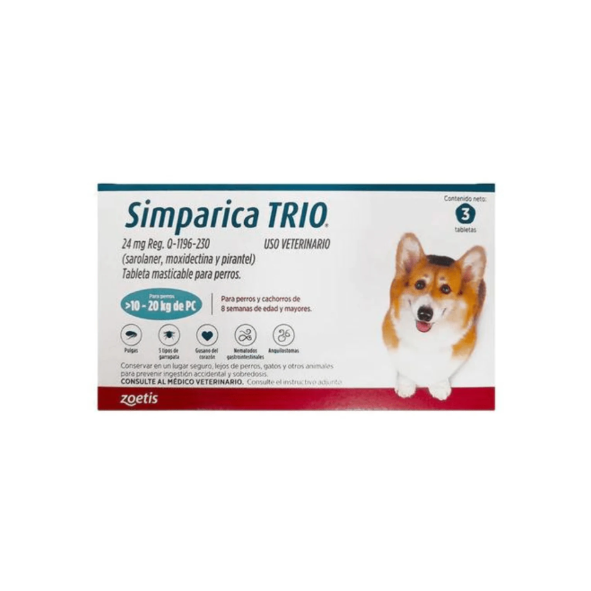 Simparica Trio 3 Masticables 24mg 10 a 20kg Para Perros